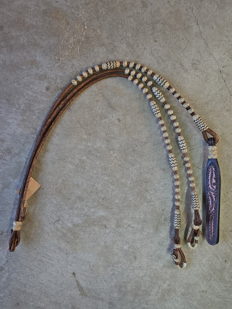 Romal Reins 30 Plait GM Caramel with Natural Buttons and Black Accents ...